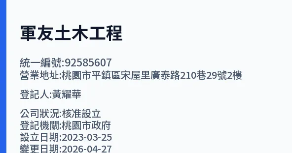 軍友土木工程的照片-統編 92585607(桃園市) 公司登記資料與營業項目詳細圖表