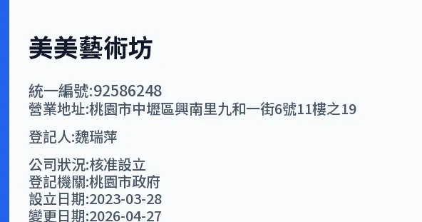 美美藝術坊的照片-統編 92586248(桃園市) 公司登記資料與營業項目詳細圖表