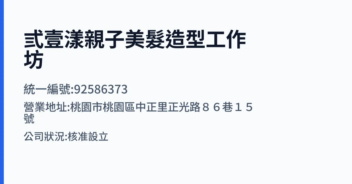 弎壹漾親子美髮造型工作坊 - 統編 92586373(桃園市) 公司登記資料與營業項目詳細圖表