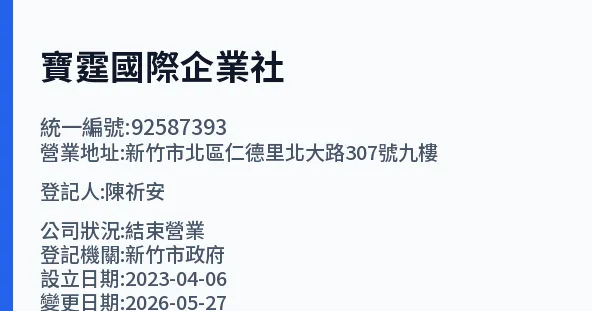 寶霆國際企業社的照片-統編 92587393(新竹市) 公司登記資料與營業項目詳細圖表