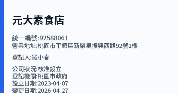 元大素食店的照片-統編 92588061(桃園市) 公司登記資料與營業項目詳細圖表