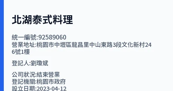 北湖泰式料理的照片-統編 92589060(桃園市) 公司登記資料與營業項目詳細圖表