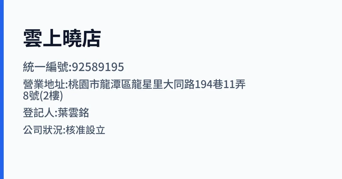 雲上曉店 - 統編 92589195(桃園市) 公司登記資料與營業項目詳細圖表