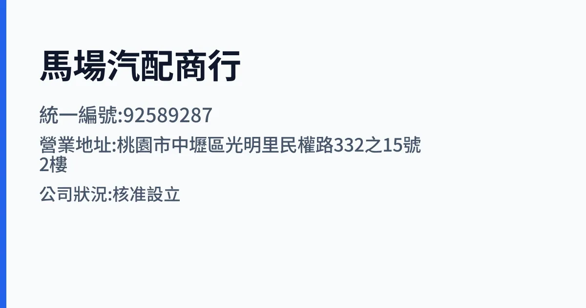 馬場汽配商行 - 統編 92589287(桃園市) 公司登記資料與營業項目詳細圖表
