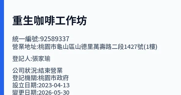 重生咖啡工作坊的照片-統編 92589337(桃園市) 公司登記資料與營業項目詳細圖表