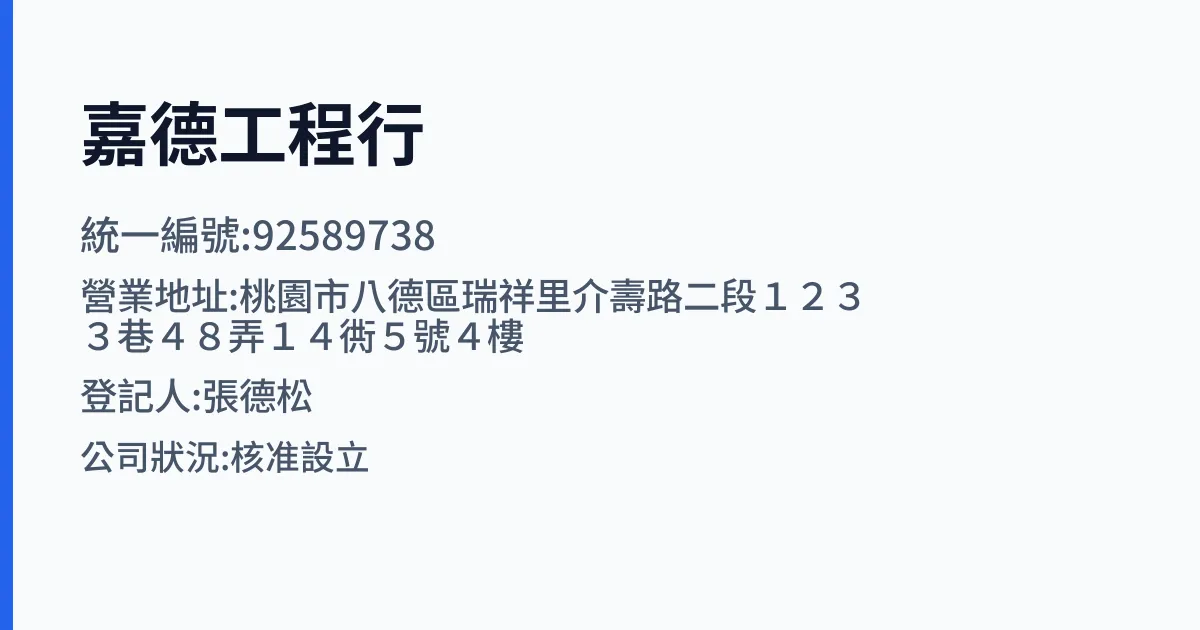 嘉德工程行 - 統編 92589738(桃園市) 公司登記資料與營業項目詳細圖表