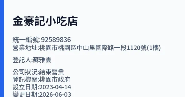 金豪記小吃店的照片-統編 92589836(桃園市) 公司登記資料與營業項目詳細圖表