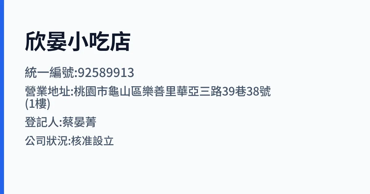 欣晏小吃店 - 統編 92589913(桃園市) 公司登記資料與營業項目詳細圖表