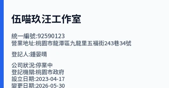 伍喵玖汪工作室的照片-統編 92590123(桃園市) 公司登記資料與營業項目詳細圖表