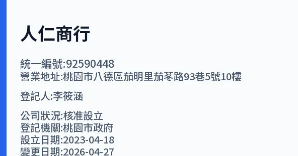 人仁商行的照片-統編 92590448(桃園市) 公司登記資料與營業項目詳細圖表
