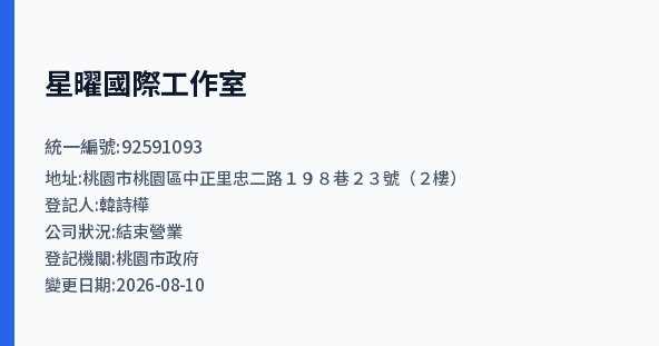 星曜國際工作室的照片-統編 92591093(桃園市) 公司登記資料與營業項目詳細圖表