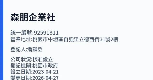 森朋企業社的照片-統編 92591811(桃園市) 公司登記資料與營業項目詳細圖表