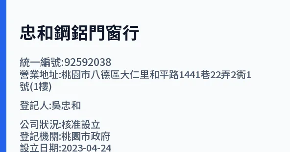 忠和鋼鋁門窗行的照片-統編 92592038(桃園市) 公司登記資料與營業項目詳細圖表