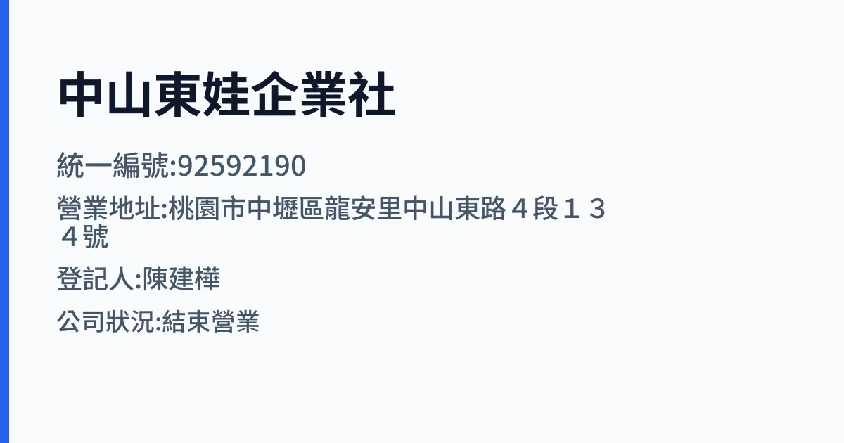 中山東娃企業社 - 統編 92592190(桃園市) 公司登記資料與營業項目詳細圖表