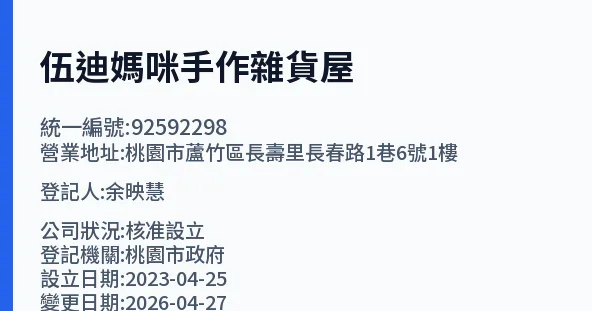伍迪媽咪手作雜貨屋的照片-統編 92592298(桃園市) 公司登記資料與營業項目詳細圖表