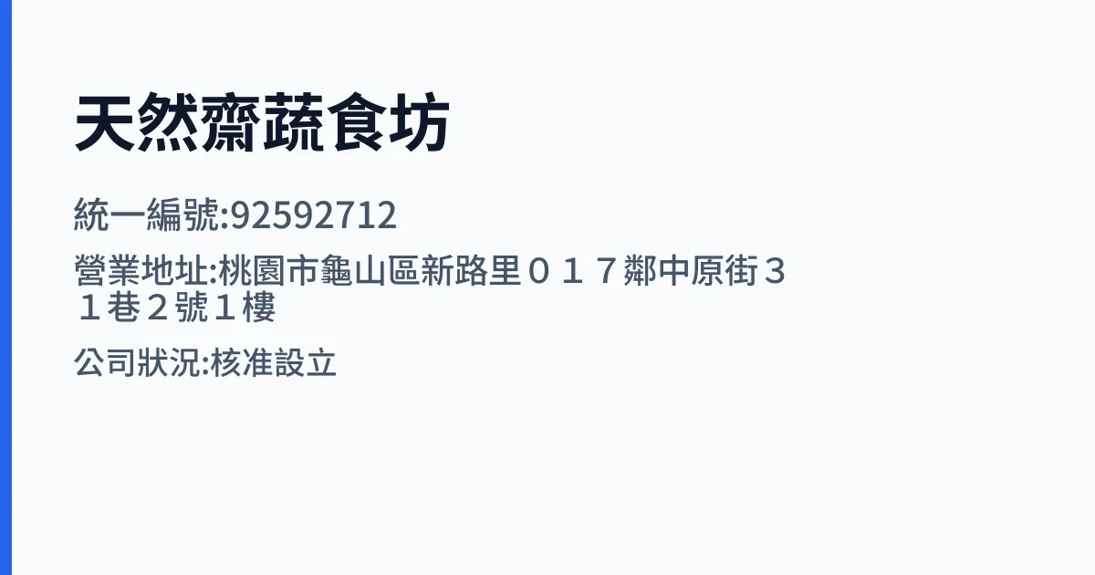 天然齋蔬食坊 - 統編 92592712(桃園市) 公司登記資料與營業項目詳細圖表