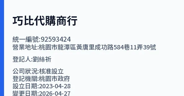 巧比代購商行的照片-統編 92593424(桃園市) 公司登記資料與營業項目詳細圖表