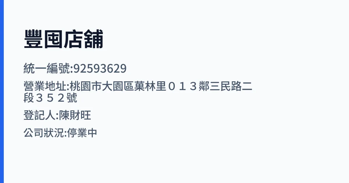 豐囤店舖 - 統編 92593629(桃園市) 公司登記資料與營業項目詳細圖表