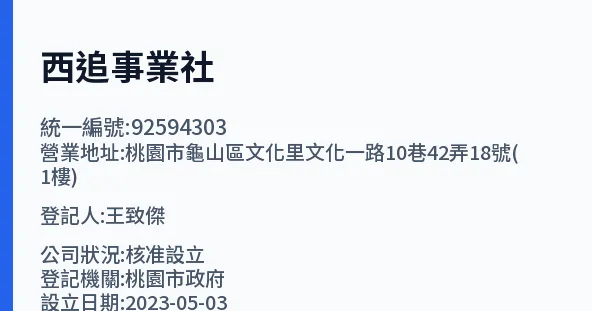 西追事業社的照片-統編 92594303(桃園市) 公司登記資料與營業項目詳細圖表
