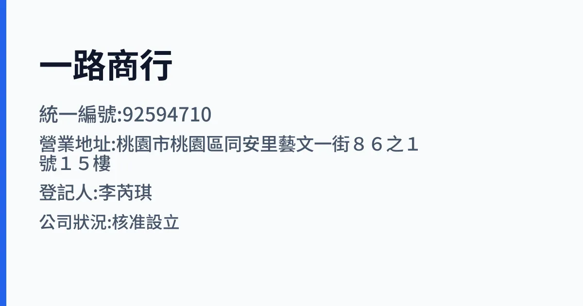 一路商行 - 統編 92594710(桃園市) 公司登記資料與營業項目詳細圖表