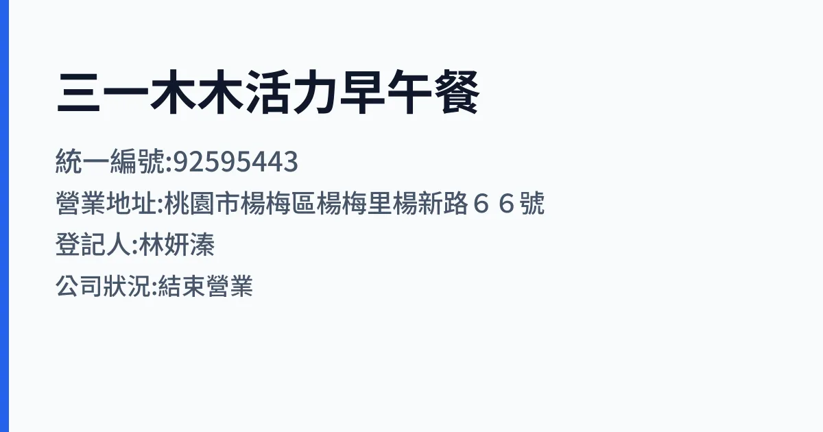 三一木木活力早午餐 - 統編 92595443(桃園市) 公司登記資料與營業項目詳細圖表