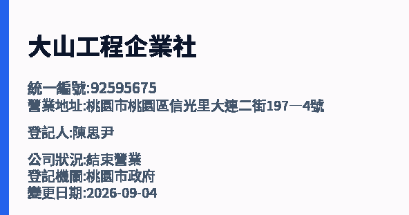 大山工程企業社的照片-統編 92595675(桃園市) 公司登記資料與營業項目詳細圖表