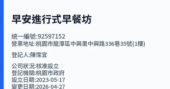 早安進行式早餐坊的照片-統編 92597152(桃園市) 公司登記資料與營業項目詳細圖表
