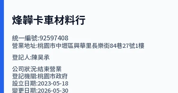 烽韡卡車材料行的照片-統編 92597408(桃園市) 公司登記資料與營業項目詳細圖表