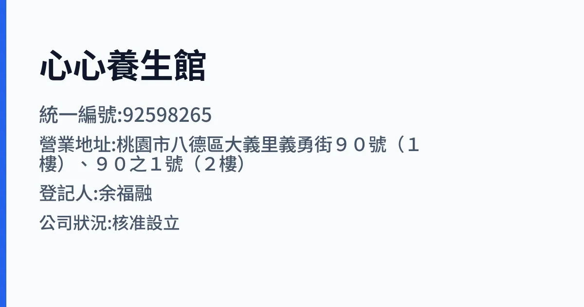 心心養生館 - 統編 92598265(桃園市) 公司登記資料與營業項目詳細圖表
