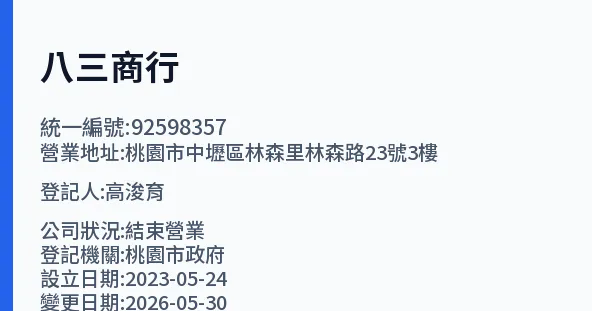 八三商行的照片-統編 92598357(桃園市) 公司登記資料與營業項目詳細圖表
