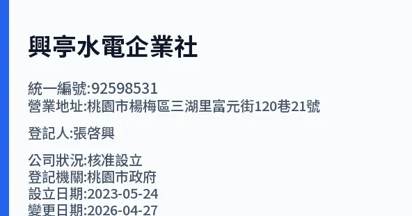 興亭水電企業社的照片-統編 92598531(桃園市) 公司登記資料與營業項目詳細圖表