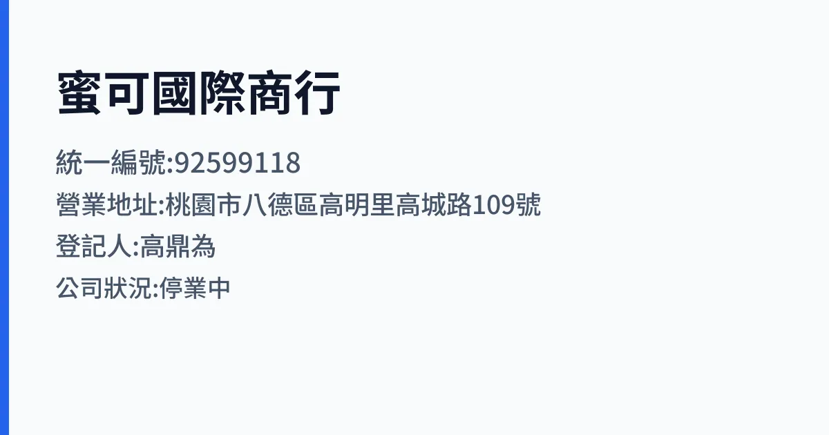 蜜可國際商行 - 統編 92599118(桃園市) 公司登記資料與營業項目詳細圖表