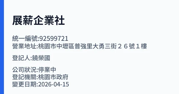 展薪企業社的照片-統編 92599721(桃園市) 公司登記資料與營業項目詳細圖表