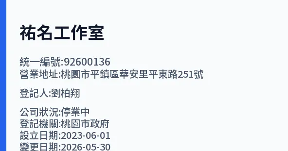 祐名工作室的照片-統編 92600136(桃園市) 公司登記資料與營業項目詳細圖表