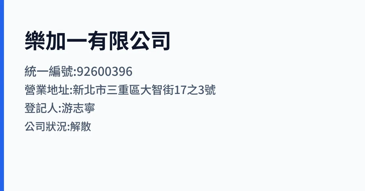樂加一有限公司 - 統編 92600396(新北市) 公司登記資料與營業項目詳細圖表