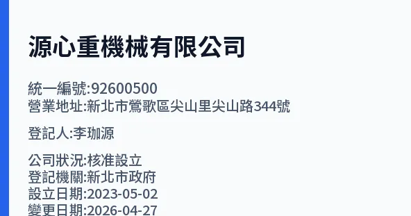源心重機械有限公司的照片-統編 92600500(新北市) 公司登記資料與營業項目詳細圖表