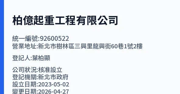 柏億起重工程有限公司的照片-統編 92600522(新北市) 公司登記資料與營業項目詳細圖表