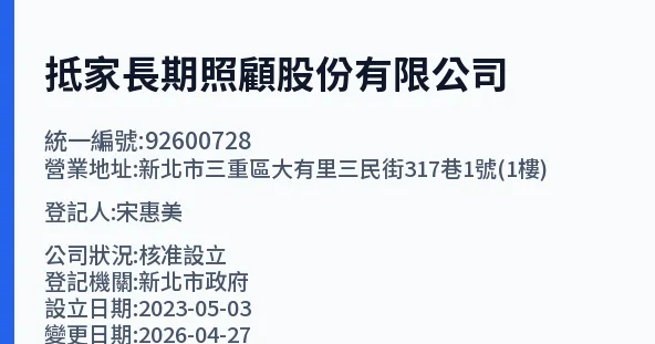抵家長期照顧股份有限公司的照片-統編 92600728(新北市) 公司登記資料與營業項目詳細圖表