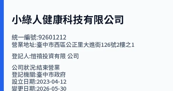 小綠人健康科技有限公司的照片-統編 92601212(臺中市) 公司登記資料與營業項目詳細圖表