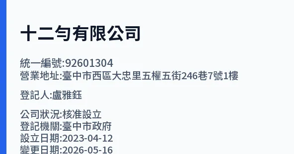 十二勻有限公司的照片-統編 92601304(臺中市) 公司登記資料與營業項目詳細圖表