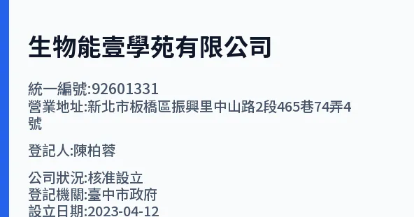 生物能壹學苑有限公司的照片-統編 92601331(新北市) 公司登記資料與營業項目詳細圖表