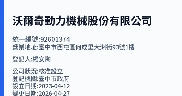 沃爾奇動力機械股份有限公司的照片-統編 92601374(臺中市) 公司登記資料與營業項目詳細圖表