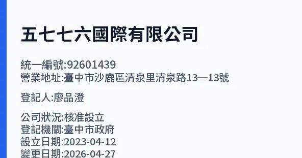 五七七六國際有限公司的照片-統編 92601439(臺中市) 公司登記資料與營業項目詳細圖表