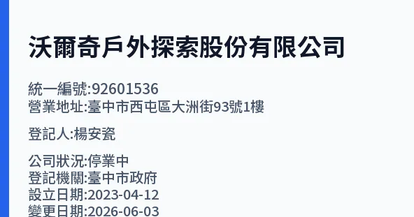 沃爾奇戶外探索股份有限公司的照片-統編 92601536(臺中市) 公司登記資料與營業項目詳細圖表