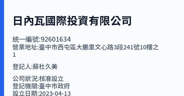 日內瓦國際投資有限公司的照片-統編 92601634(臺中市) 公司登記資料與營業項目詳細圖表