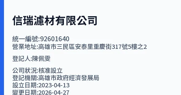 信瑞濾材有限公司的照片-統編 92601640(高雄市) 公司登記資料與營業項目詳細圖表