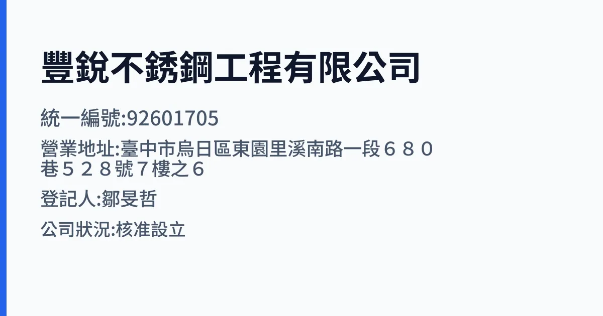 豐銳不銹鋼工程有限公司 - 統編 92601705(臺中市) 公司登記資料與營業項目詳細圖表