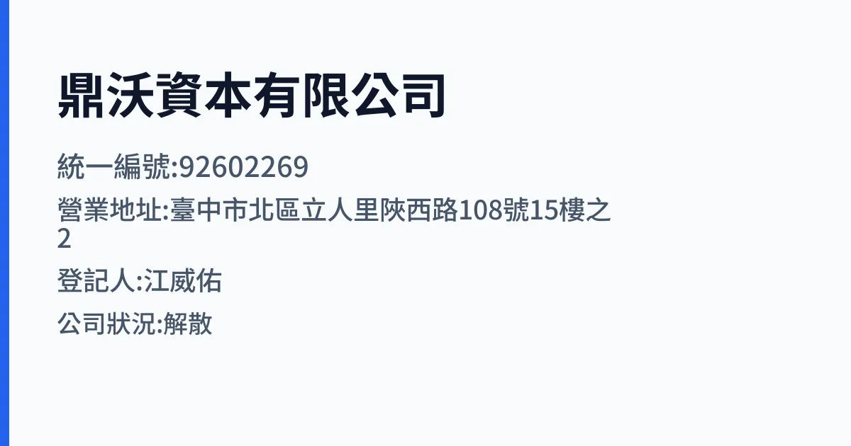 鼎沃資本有限公司 - 統編 92602269(臺中市) 公司登記資料與營業項目詳細圖表