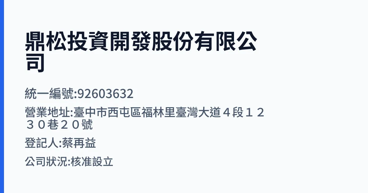 鼎松投資開發股份有限公司 - 統編 92603632(臺中市) 公司登記資料與營業項目詳細圖表