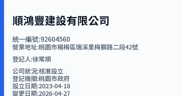 順鴻豐建設有限公司的照片-統編 92604560(桃園市) 公司登記資料與營業項目詳細圖表